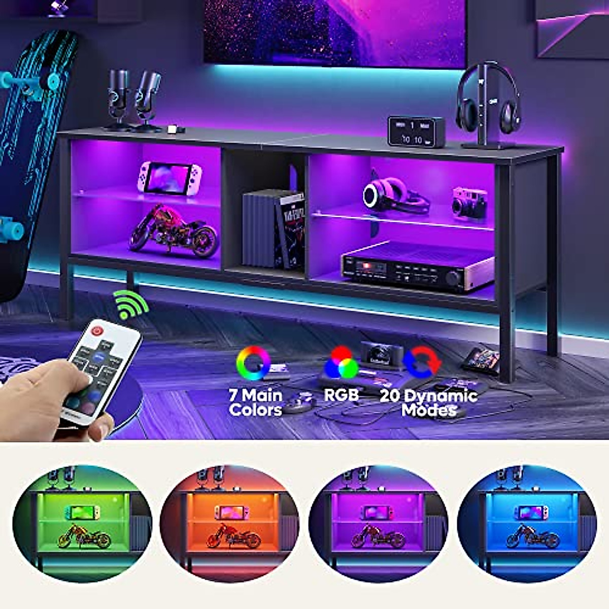 Bestier Entertainment Center, Gaming TV Stand for 70 TV inch, TV Media Console with Modern Glass Shelves, Grey