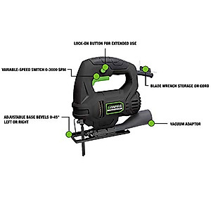 Genesis GJS380SE 3.8A Corded Jig Saw with Variable Speed, Wood cutting blade, Vacuum Adapter, and Allen Wrench