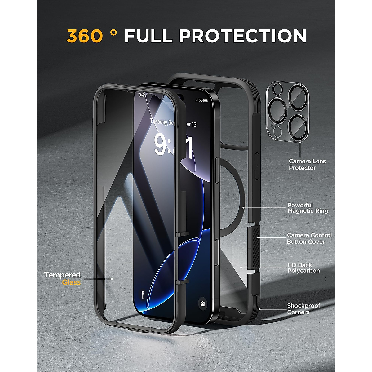 Miracase Magnetic for iPhone 16 Pro Case Full-Body Phone with Built-in Glass Screen Protector, [Compatible with MagSafe] Military Drop Proof 16 Pro Cover Bumper 6.3 inch, Black