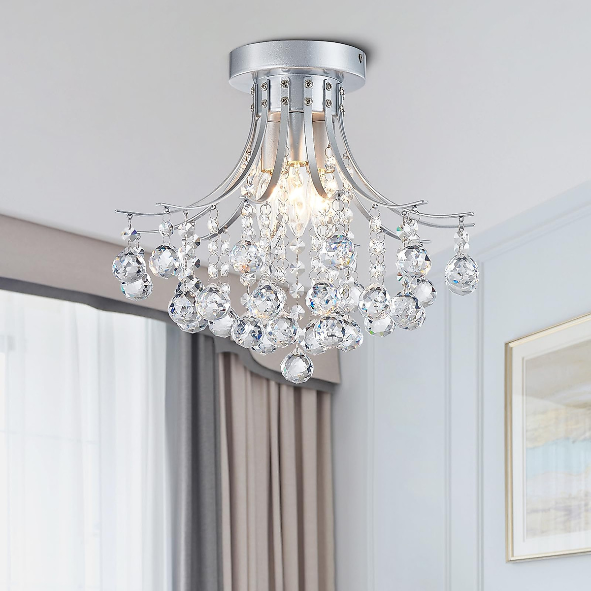 Bestier Modern Silver Crystal Semi-Flush Mount Chandelier Lighting Ceiling Light Fixture Lamp for Diningroom Bathroom Bedroom Livingroom 3 E12 Bulbs Required D13.5 inch X H11.6 inch