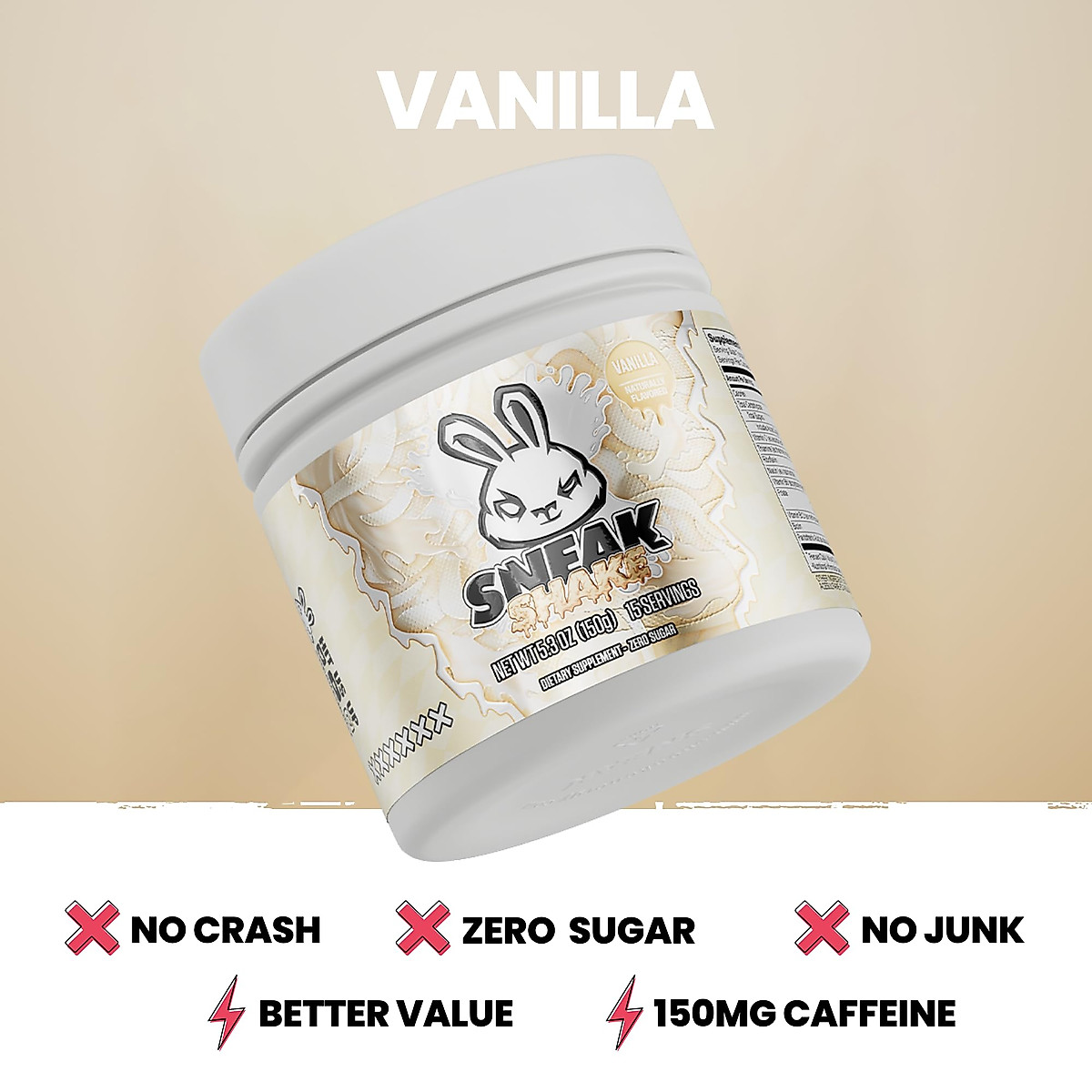 SNEAK | Vanilla Shake | Energy Drink for Milk or Milk Alternatives | Zero Sugar, No Artificial Flavours, Natural Energy | 15 Servings