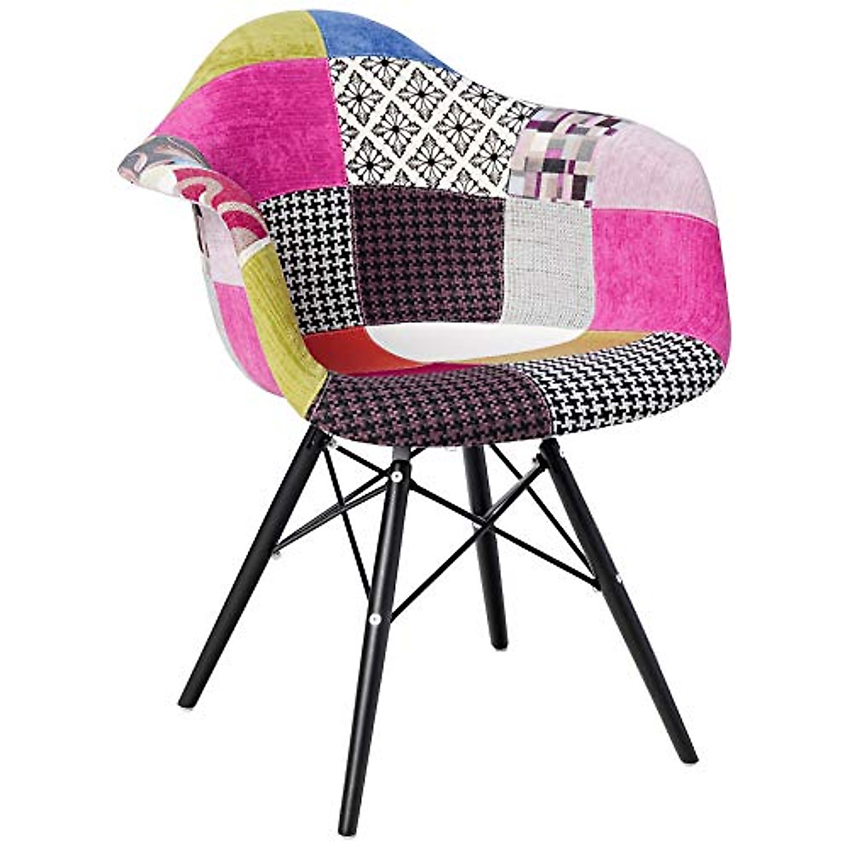 2xhome Mid Century Modern Arm Chair with Black Wood Legs, Patchwork A Fabric