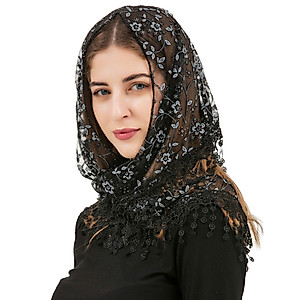 PAMOR Triangle Lace Veil Mantilla Cathedral Head Covering Chapel Veil for Mass Wedding Bridesmaids (Black)