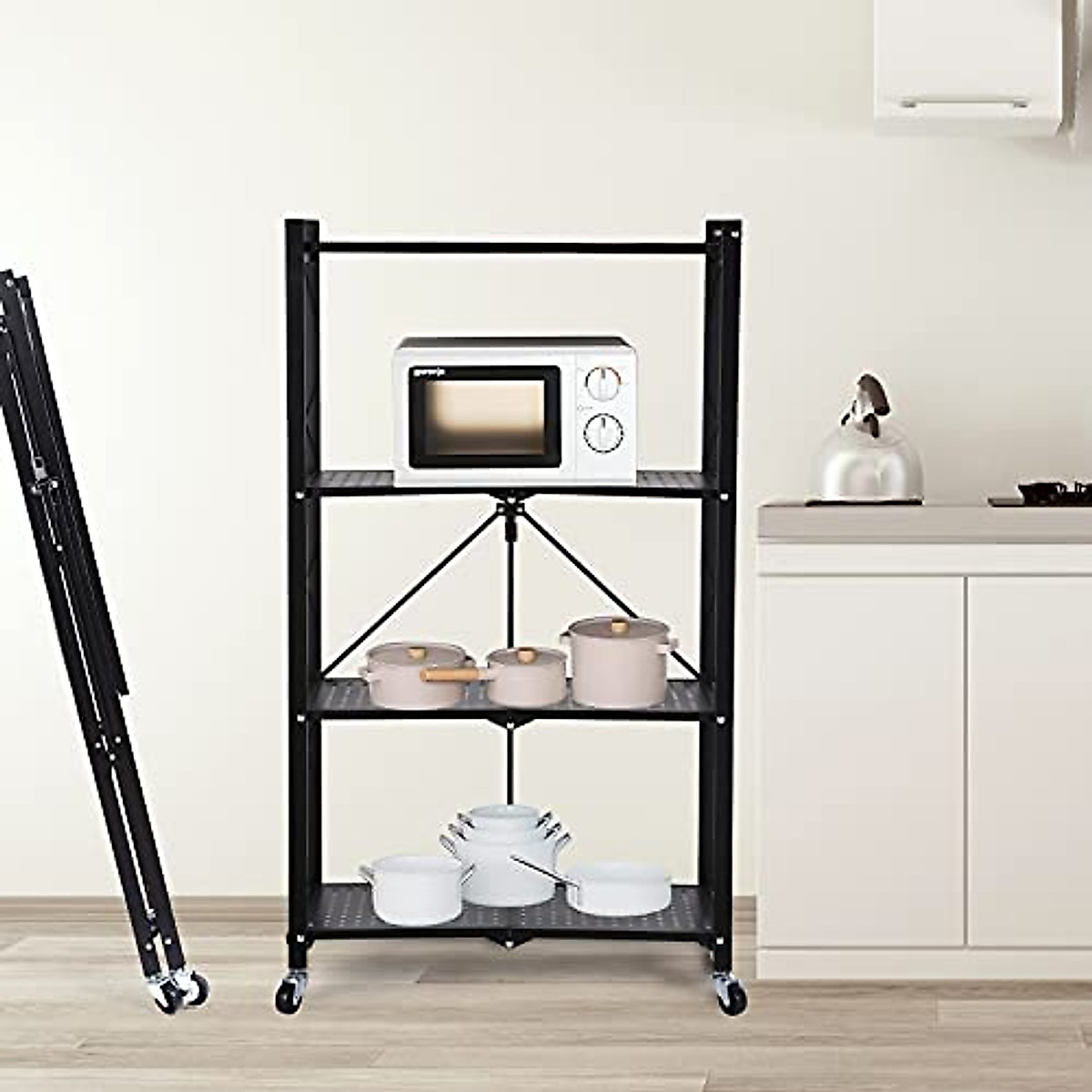 Simple Deluxe 4-Tier Heavy Duty Foldable Metal Rack Storage Shelving Unit with Wheels Moving Easily Organizer Shelves Great for Garage Kitchen Holds up to 1000 lbs Capacity, Black, 1-Pack