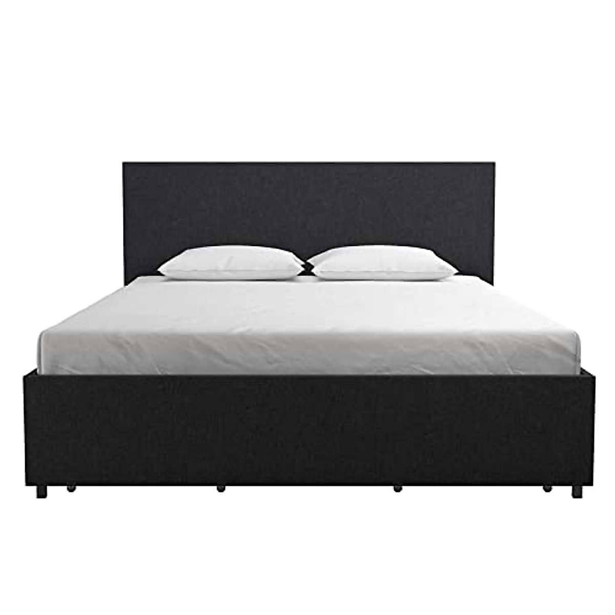 Novogratz Kelly Upholstered Bed with Underbed Storage Drawers and Clean Lined Headboard, Queen, Dark Gray Linen