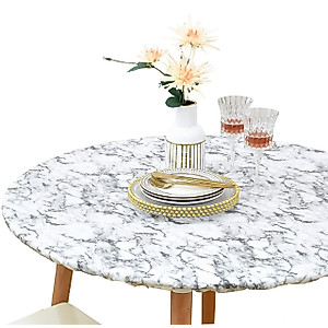 Rally Home Goods Indoor Outdoor Patio Round Fitted Vinyl Tablecloth, Flannel Backing, Elastic Edge, Waterproof Wipeable Plastic Cover, White Marble Pattern for 10-Seat Table of 57-72’’ Diameter