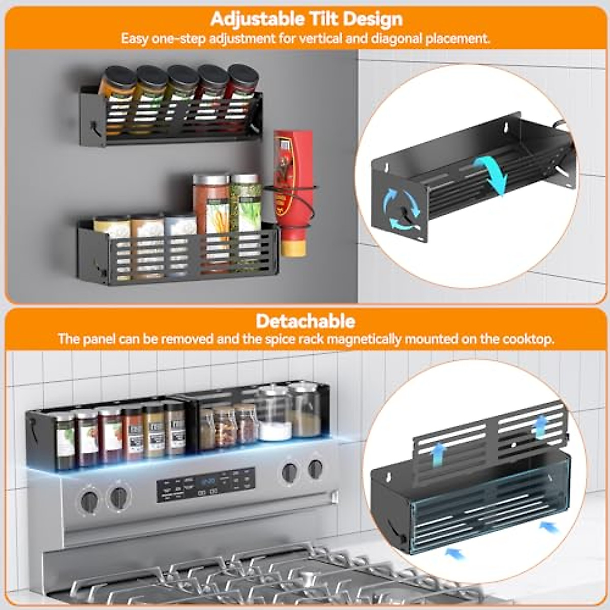 CLESOO Magnetic Spice Rack for Refrigerator, 2 Pack Moveable Magnet Organizer for Spice Jars and Seasonings, Wall Mounted Fridge Shelves with Spiral Holder and 4 Hooks for Kitchen and Stove