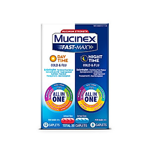 Mucinex Maximum Strength Fast-MAX Cold & Flu Day & Night All-in-One Multi Symptom Relief Caplets, Blue, 20 Count.