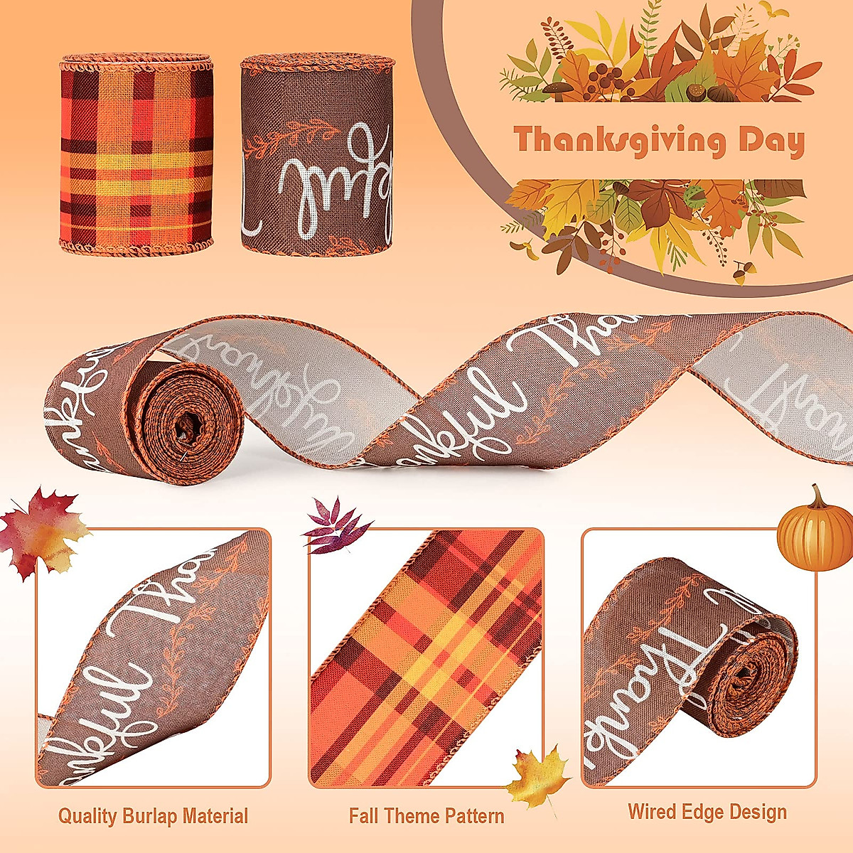 Fall Wired Ribbon,2 Rolls Thanksgiving Pumpkin Ribbon,10 Yards 2.5In Autumn Pumpkins Wired Edge Ribbon,DIY Wired Wrapping Craft Ribbon for Home Thanksgiving Decor Wrapping DIY Crafts (Thanks-Lattice)