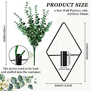 Jexine 2 Pcs Hanging Planters with Artificial Plants Metal Hanging Vase Indoor Plants Holder Modern Geometric Wall Decor for Living Room Home Office (Black, Eucalyptus)
