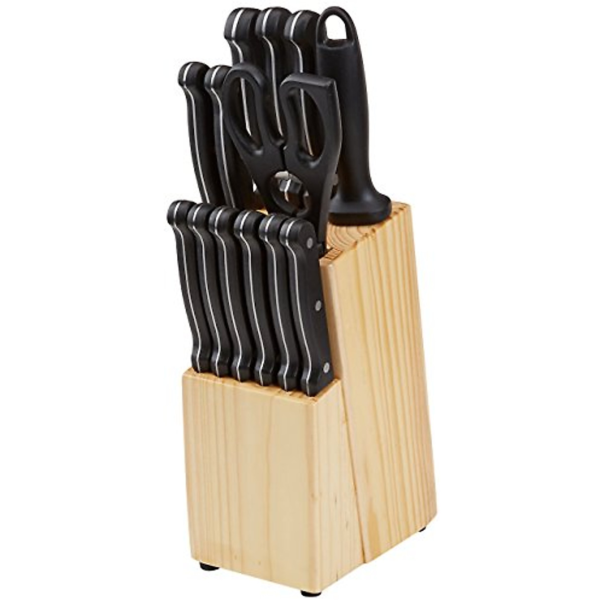 Amazon Basics 14-Piece Kitchen Knife Set with High-Carbon Stainless-Steel Blades and Pine Wood Block, Black