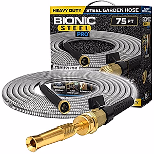 Bionic Steel PRO Garden Hose - 304 Stainless Steel Metal 75 Foot Garden Hose – Heavy Duty Garden Hose Lightweight, Kink-Free, Stronger Than Ever with Brass Fittings and On/Off Valve – 2021 Model