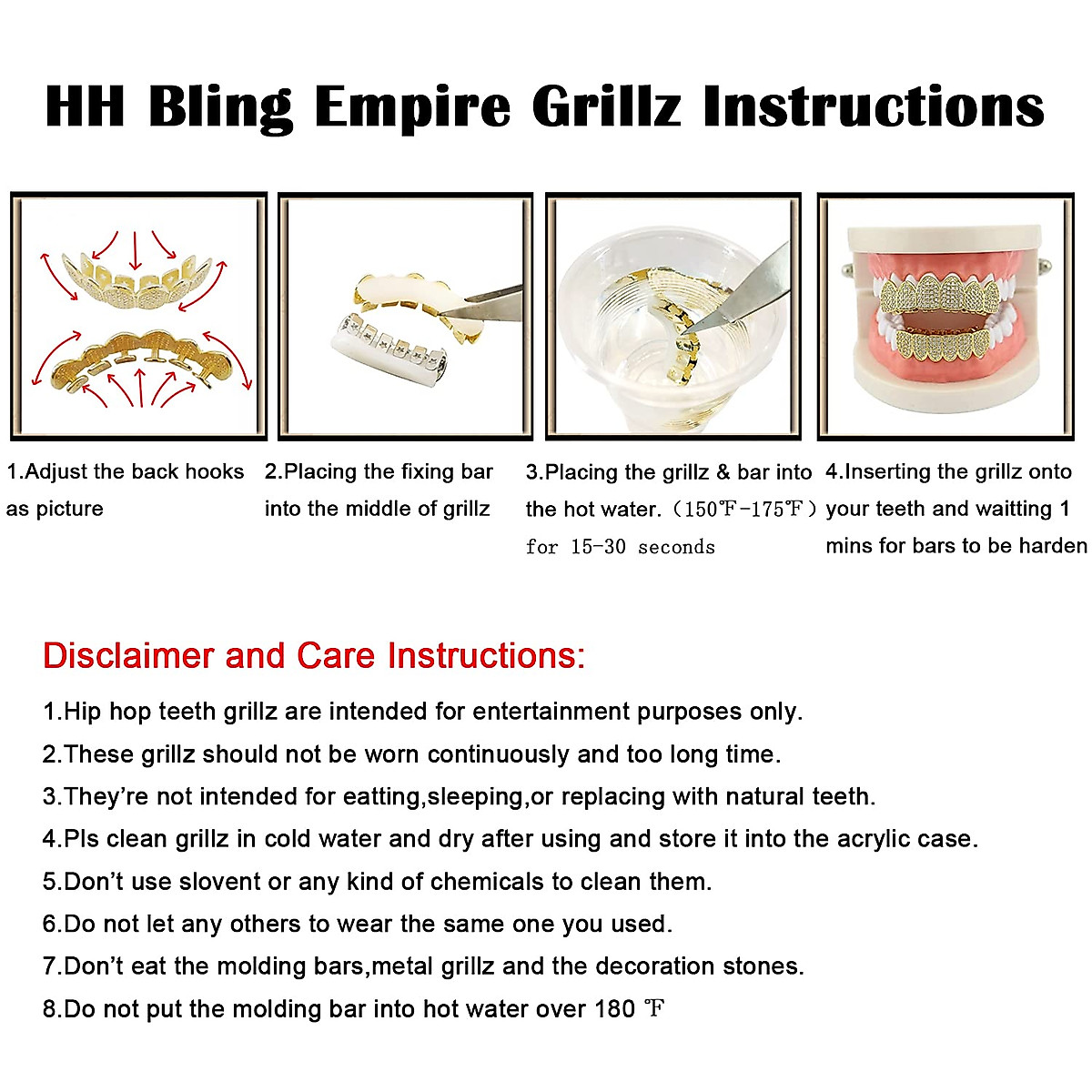 HH BLING EMPIRE Iced Out Diamond Teeth Grillz for Men Women, Hip Hop Silver Gold Grills for Your Teeth Top and Bottom, Rapper Costume Mouth Grillz with Silicone Molding Bars (Silver)