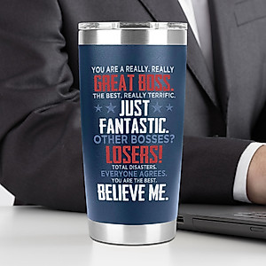 Tinasona Navy Blue Best Boss Ever Gifts for Men Women You’re A Great Boss Tumbler 20 Oz Cup Birthday Christmas Mother Father Day Gifts for Bosses Day Funny Coffee Mug Cup