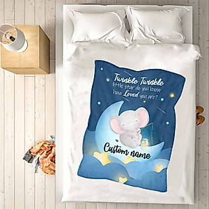 YESCUSTOM Personalized Baby Blanket with Name for Girls Boys Custom Elephant Moon Little Star Baby Blankets for Kids Newborn Super Soft Baby Fleece Blanket Gifts