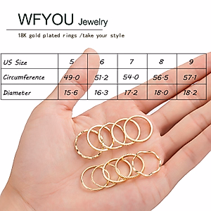 WFYOU 10 Pcs 1-2mm 18K Gold Plated Simple Rings for Women Band Knuckle Stacking Midi Rings Elegant Classic Minimalist Rings Comfort Fit
