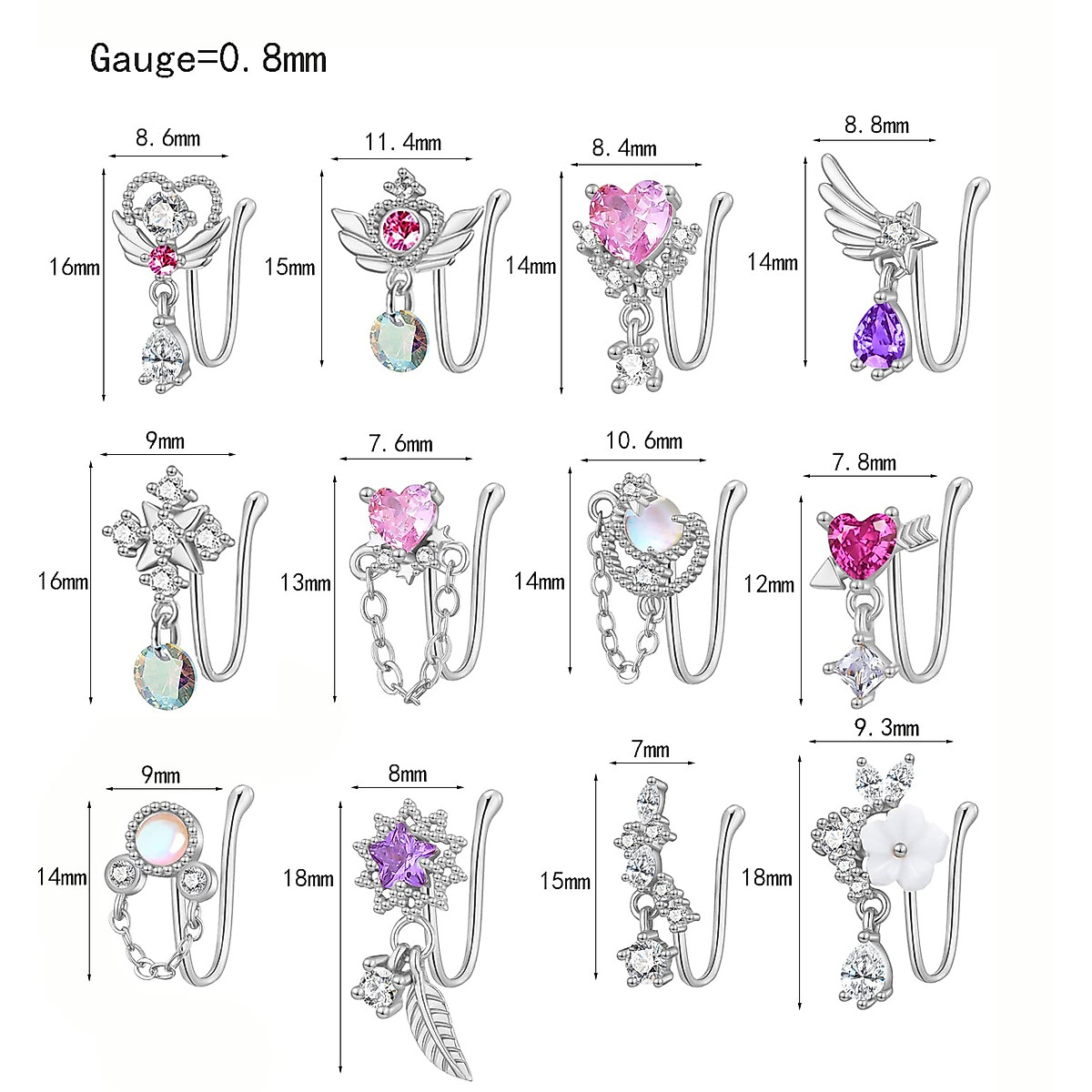 PLOMFOV 12Pcs Fake Nose Ring for Women Dangling Nose Cuffs Faux Clip on Nose Ring for Non Pierced Nose Silver