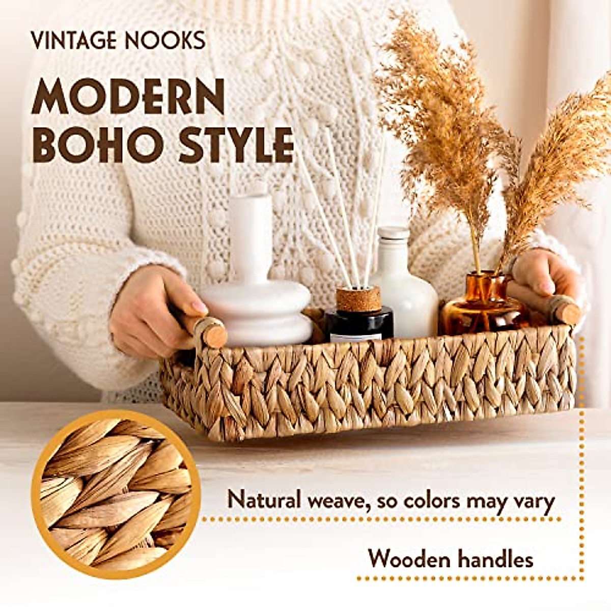 Toilet Paper Basket for Back of Toilet - Set of Two Small, Wicker, Hyacinth Bathroom Baskets for Toilet Paper and Towel Storage (Color: Light Brown)