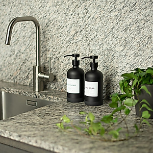 Verute 16oz Glass Soap Dispenser with Stainless Steel Pump, 21 Waterproof Labels, Non-Slip Protective Silicone Pad, Set of 2 for Bathroom & Kitchen (Matte Black Bottle/Black Pump)