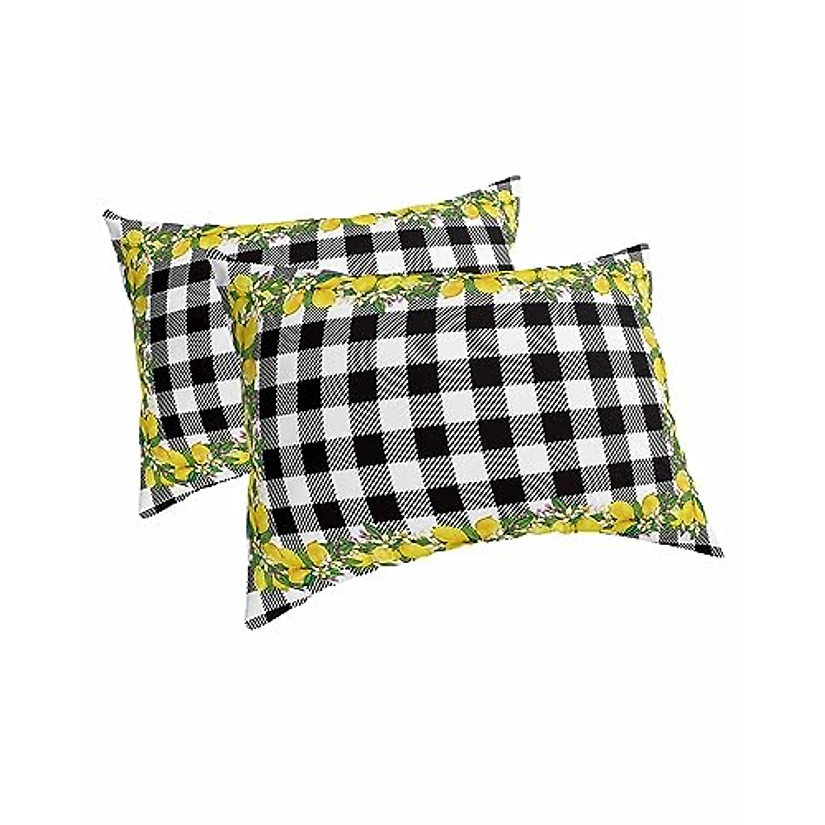 Edwiinsa Summer Lemon Pillow Covers Standard Size Set of 2 20x26 Bed Pillow, Yellow Fruit Spring Floral Black Plaid Plush Soft Comfort for Hair/Skin Cooling Pillowcases with Envelop Closure