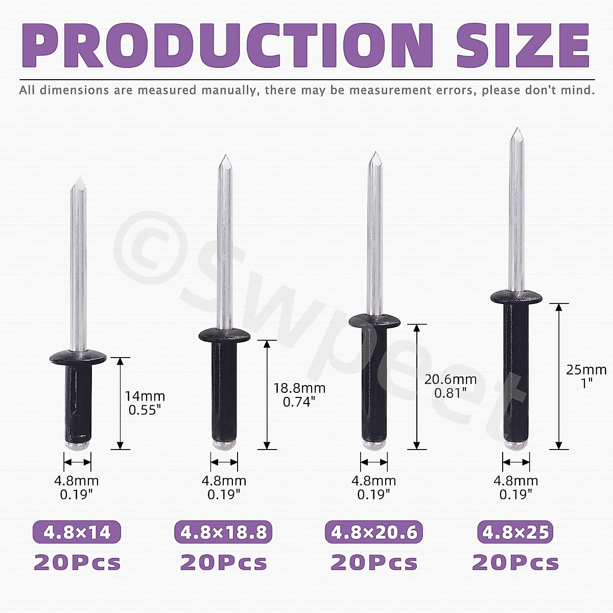 Swpeet 80Pcs 3/16" x 9/16" / 3/4" / 13/16" / 1" Aluminum Long Grip Tri-Grip Rivets Tri-Fold Tri Bulb Mounting Rivet Blind Rivets Assortment Kit, Tri-Grip Rivet Perfect for Deep Water Installing Boat