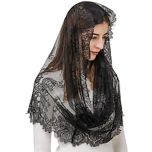 PAMOR Spanish Style Lace Traditional Vintage Inspired Infinity Shape Mantilla Veil Latin Mass Head Covering (Black)