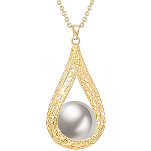 Big Grey Gray Pearl Large Pendant Drop Dangle Simple Prom Formal Necklace for Women Trendy Handmade Hypoallergenic 14K Glod Plated Costume Jewelry (Grey-14K Gold)