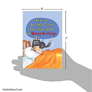 NobleWorks - 1 Awesome Birthday Greeting Card - Cartoon Art, Happy Funny Bday Note - Cat on Head C3791HBDG