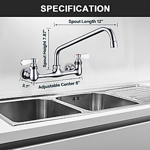 Favorpo Wall Mount Faucet 8 Inches Center Commercial Kitchen Faucet, 12 Inches Swivel Spout Wall-Mount Utility Sink Faucets, 2 Handle Wall Mounted Faucets for Kitchen Laundry Room Restaurant