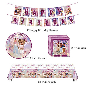 Pink Girl Robot Blocks Party Birthday Supplies, Robot Girls Game Party Tableware with Happy Birthday Banner, tablecloth, Disposable Paper Plates with Napkins for Kids Party Supplies Decorations