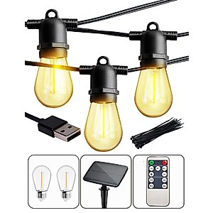 Classhine 48FT Solar Outdoor String Lights Dimmable with Remote, Waterproof Patio Deck Lights Daylight White 2700K/4000K/5000K, 15 Hanging Sockets, Shatterproof LED S14 Bulbs