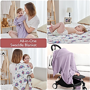 Momcozy Softness Upgrade Muslin Swaddle Blankets, Vivid Flower+Solid Purple Neutral Matching, 2 Pack Breathable 2-Layer Gauze Large 47'' x 47'' Swaddling Blanket Wraps for Newborn Baby Boys Girls