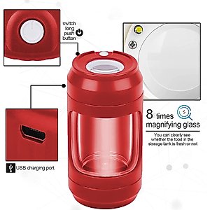 LED Magnifying Jar with Grinder for Herbs, Light up Storage Jar with 8x Magnifying Glass Jar Glow Jar Portable, Storage and Grinding in One Keep Herbs Spice Dry and Fresh (RED)