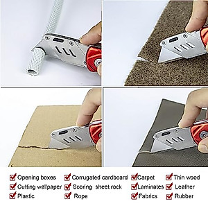 Folding Utility Knife/Box Cutter Stainless Steel with Clip + Nylon Pouch + 5 Extra SK5 Blades Red