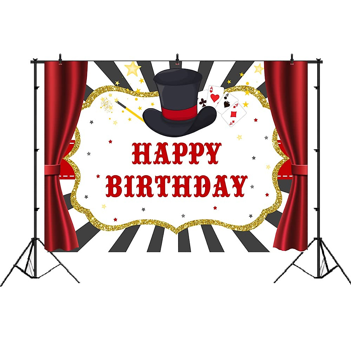 Lofaris 7x5ft Magic Show Happy Birthday Backdrop for Boy Girl Porker Magician Red Curtains Baby Shower Party Decor Supplies Background Magic Trick Black Hat Gold Stars Kids Adults Photo Studio Props