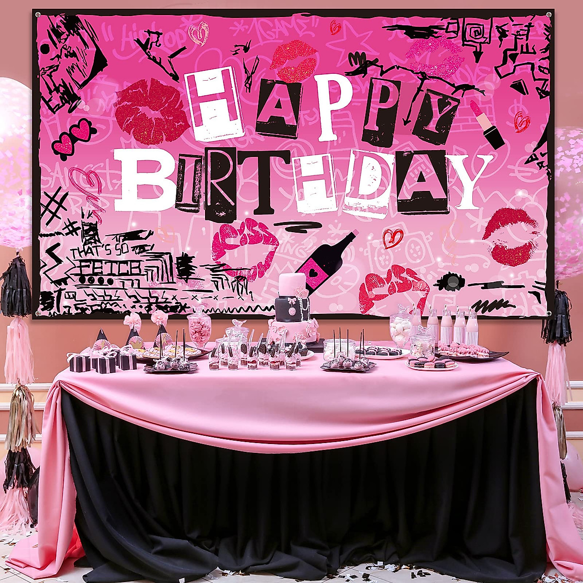 Hot Pink Lips Happy Birthday Backdrop Early 2000s Party Decorations Pink Girl Teen Girls Theme Party Supplies Banner Photography Background for Girls 2000s Birthday Party Decorations