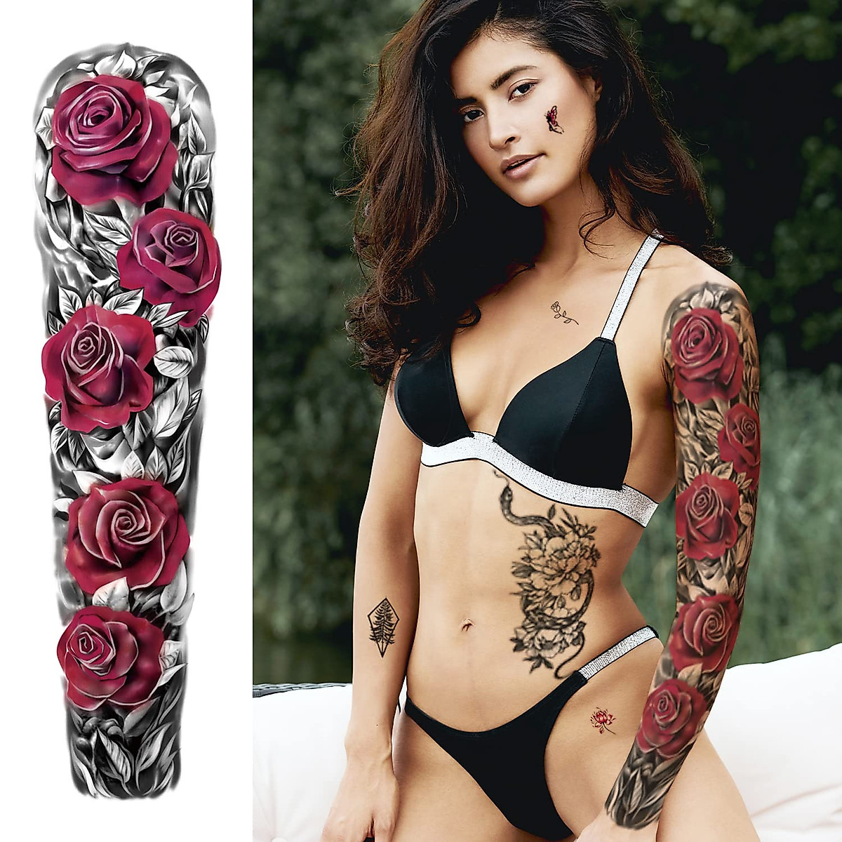 SOOVSY 46 Sheets Full Arm Temporary Tattoo for Men Women with Lion Lily Daisy Peony Rose, Half Arm Temporary Tattoos for Adults with Butterfly Bird Snake, Fake Tattoos That Look Real and Last Long