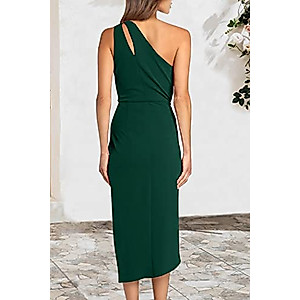 PRETTYGARDEN Women's One Shoulder Ruched Bodycon Dress 2023 Summer Cutout Slit Wrap Party Cocktail Midi Dresses (Green,Large)