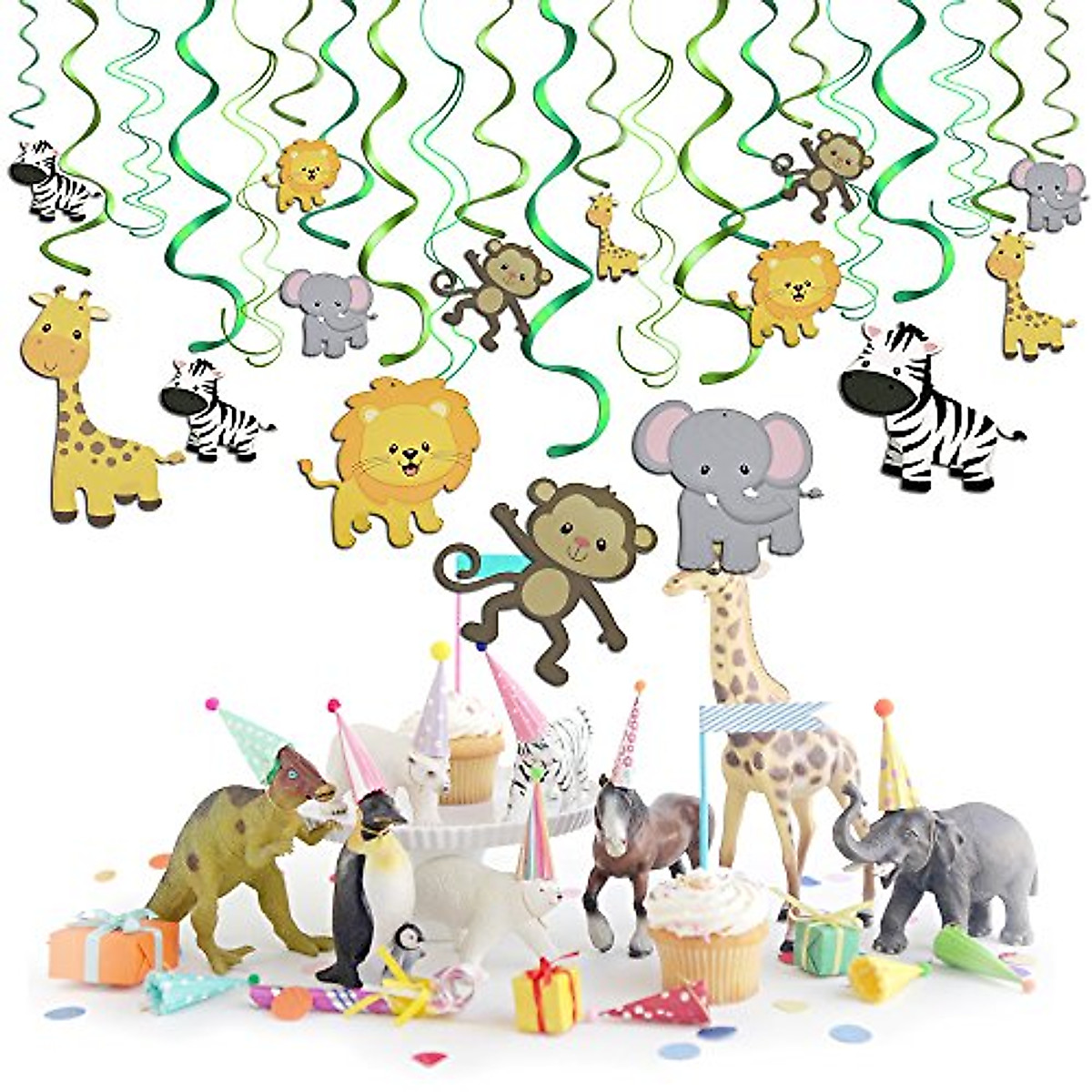 Konsait Jungle Animal Hanging Swirl Decoration(30Pack), Safari Theme Zoo Swirls Animals Birthday Party Spirals Home Ceiling Wall Decor for Woodland Farm Baby Shower Favor Supplies Decor