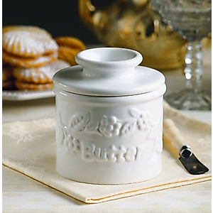 Butter Bell - The Original Butter Bell crock by L Tremain, a Countertop French Ceramic Butter Dish Keeper for Spreadable Butter, La Fleur Collection (White Raised Floral)