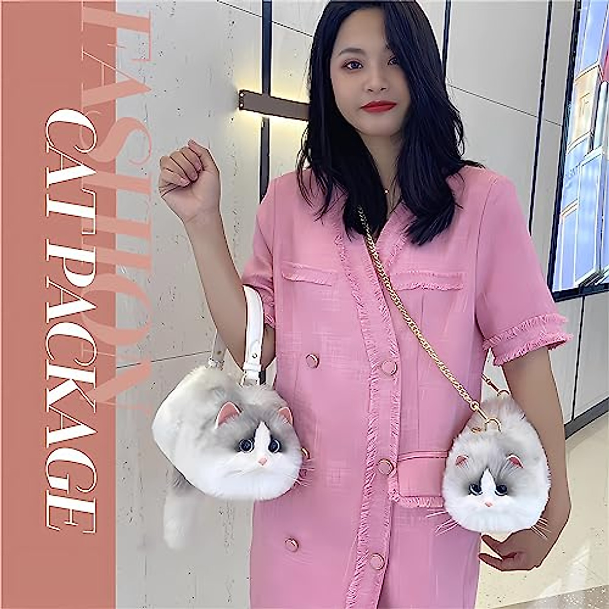 HUIJUFU Realistic Puffy Plush Cat Shaped Crossbody Handbag for Women（White gray）