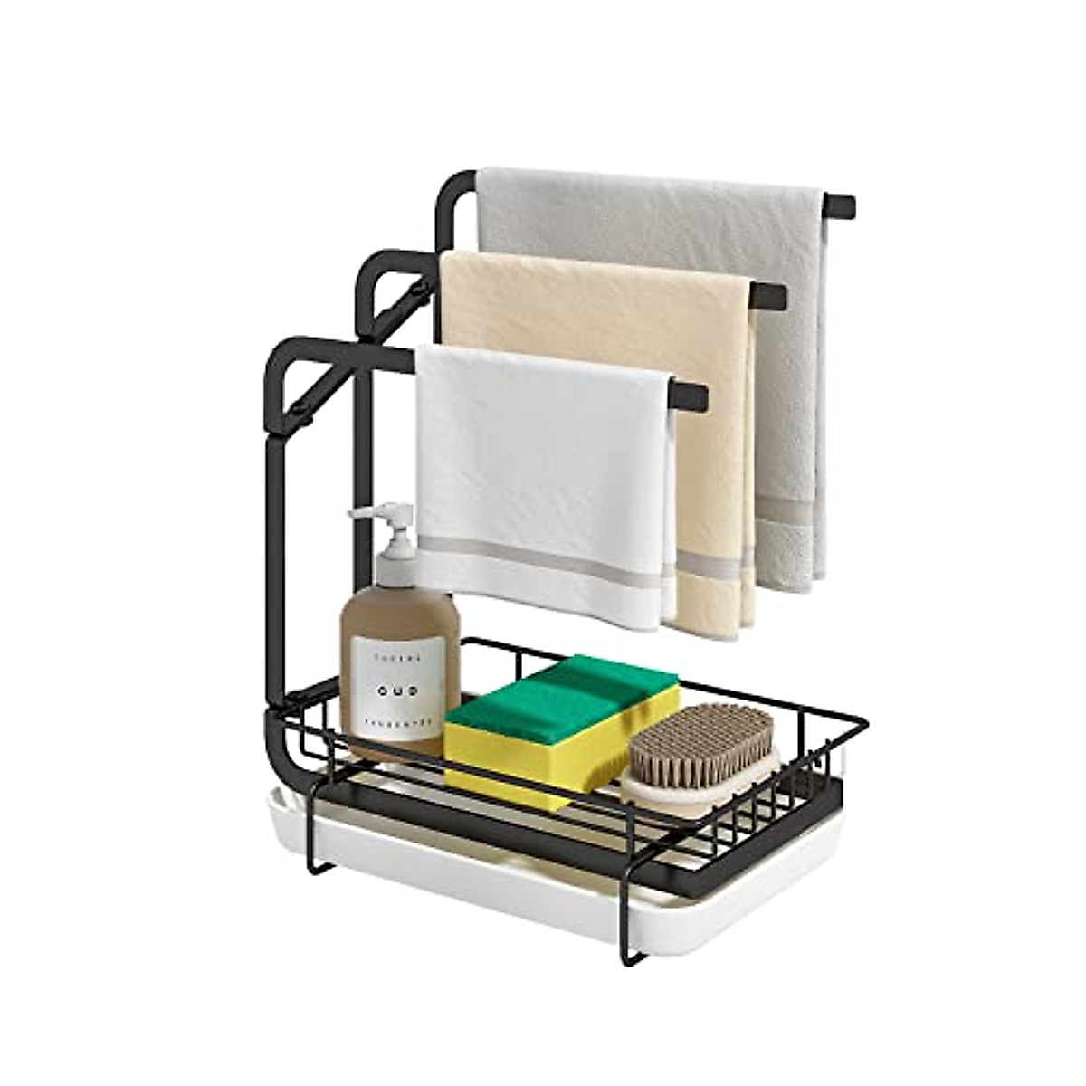 Apsan Sponge Holder with Drain Pan for Kitchen Sink, Kitchen Sink Caddy Organizer for Sponge Brush Soap Dish Dishcloth Rack, Small Black