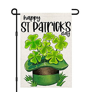 Happy St Patricks Day Burlap Garden Flags 12x18 Inch Double Sided, Green Lucky Shamrock Sign Small Farmhouse Yard Outdoor Decor DF192