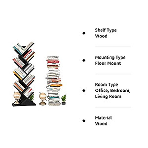 Topfurny Tree Bookshelf, 9-Tier Shelf Rustic Brown Bookcase, Retro Wood Storage Rack for CDs/Movies/Books, Anti-Fall Utility Organizer Shelves for Living Room, Bedroom, Home Office, Black