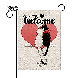 Valentines Day Garden Flag Cat Welcome Valentines Garden Flag Love Heart Party Home Burlap Double Sided Yard Decor 12.5 x 18 Inch