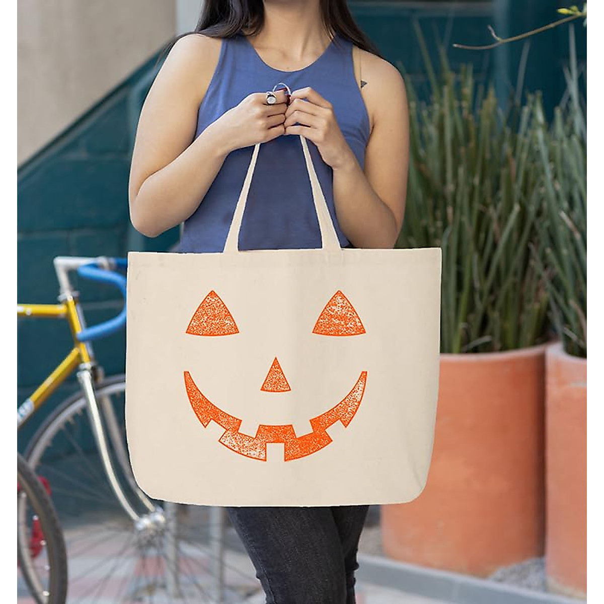 shop4ever Orange Jack O' Lantern Pumpkin Face Halloween Trick or Treat Jumbo Heavy Canvas Tote Reusable Shopping Bag Natural JUMBO 1