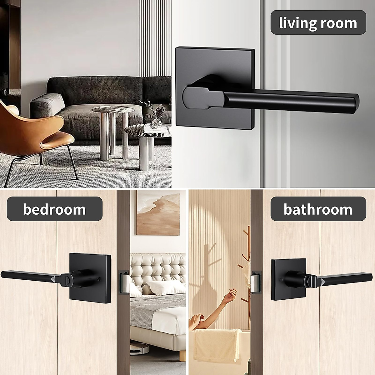 Alpacasso 7PCS Interior Door Lever Handle Lock Set from Inside Privacy Passage Bedroom Locker Door Heavy Duty Hardware Gate Hinges Spring Baseboard Stopper Knob Deadbolt Keyless for Kids Child Safety