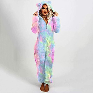Aniywn Adult Fleece Onesie Pajamas for Women Tie Dye Print Costume Jumpsuit Romper Hoodie Jumpsuit Pajamas Homewear Pink