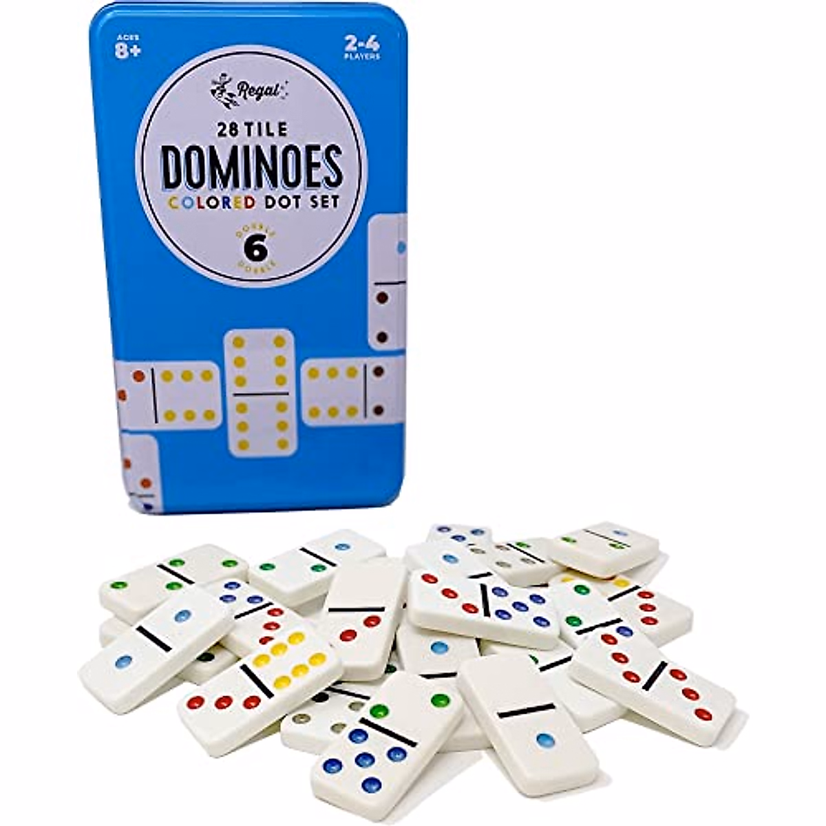 Regal Games - Double 6 Dominoes - Colored Dots Set - Fun Family-Friendly Dominoes Game - Includes 28 Tiles & Collector’s Tin - Ideal for 2-4 Players Ages 8 for Kids and Adults