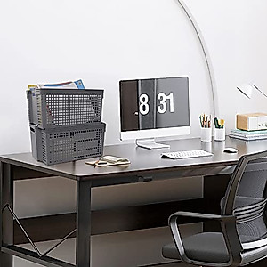 Rinboat 17 L Plastic Stacking Storage Baskets, Grey Stackable Storage Bin, 6-Pack